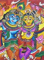 Kerala Mural Art of Krishna and Rukmini Painting by Shriya Dharmaji
